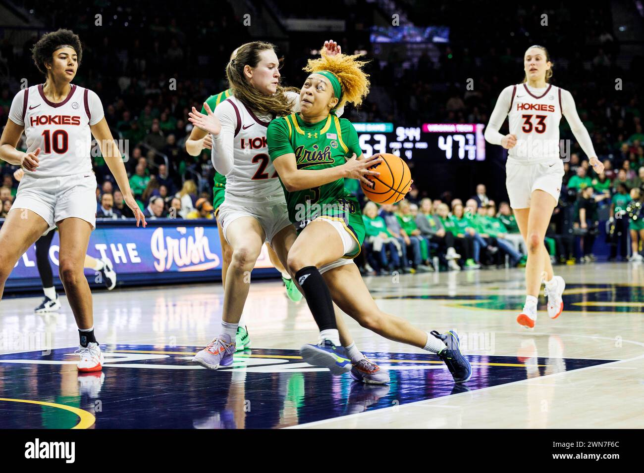 February 29, 2024: Notre Dame guard Hannah Hidalgo (3) drives to the basket as Virginia Tech ...