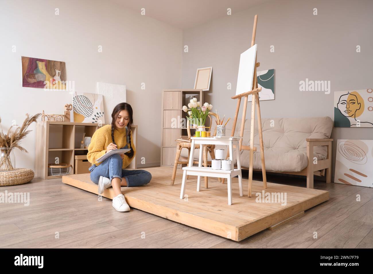 Female Asian artist drawing sketch at home Stock Photo - Alamy