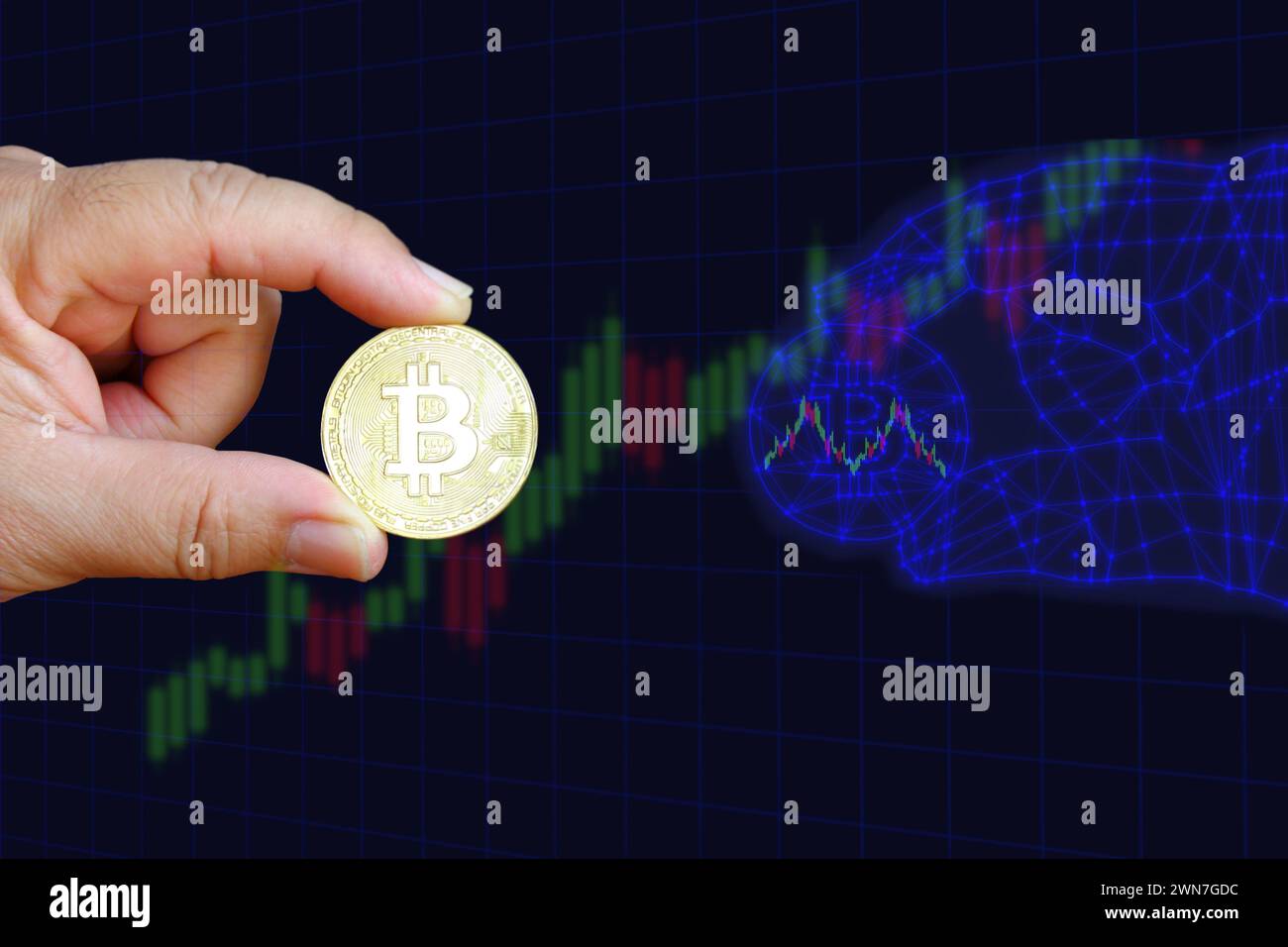 hand holding bit coin with illustration polygonal line hand pattern ...