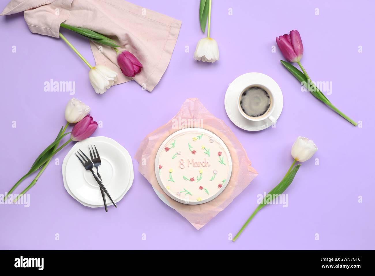 Sweet bento cake with cup of coffee and beautiful tulips on lilac ...