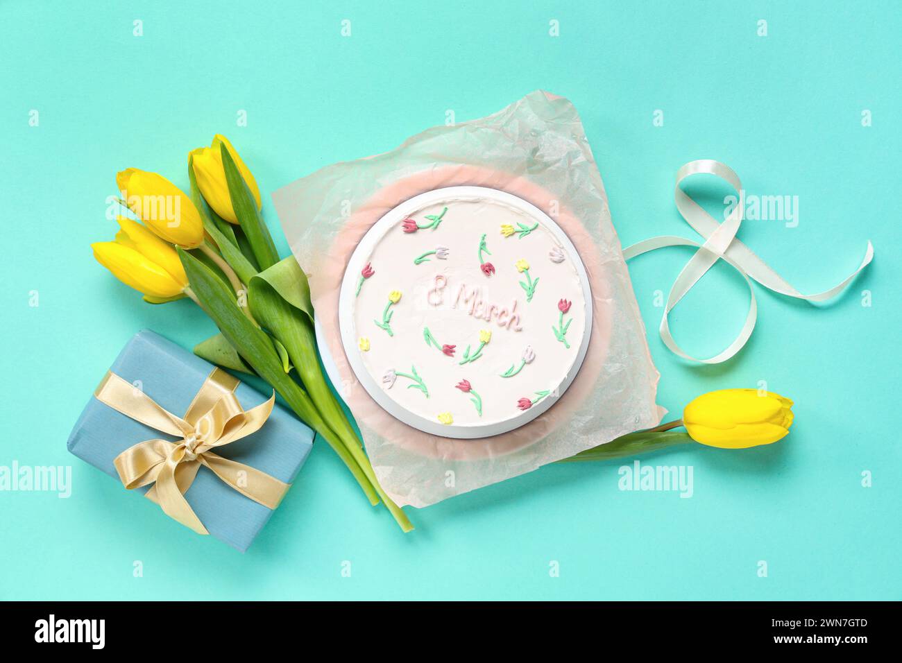 Sweet bento cake with gift box, beautiful tulips and figure 8 made of ...