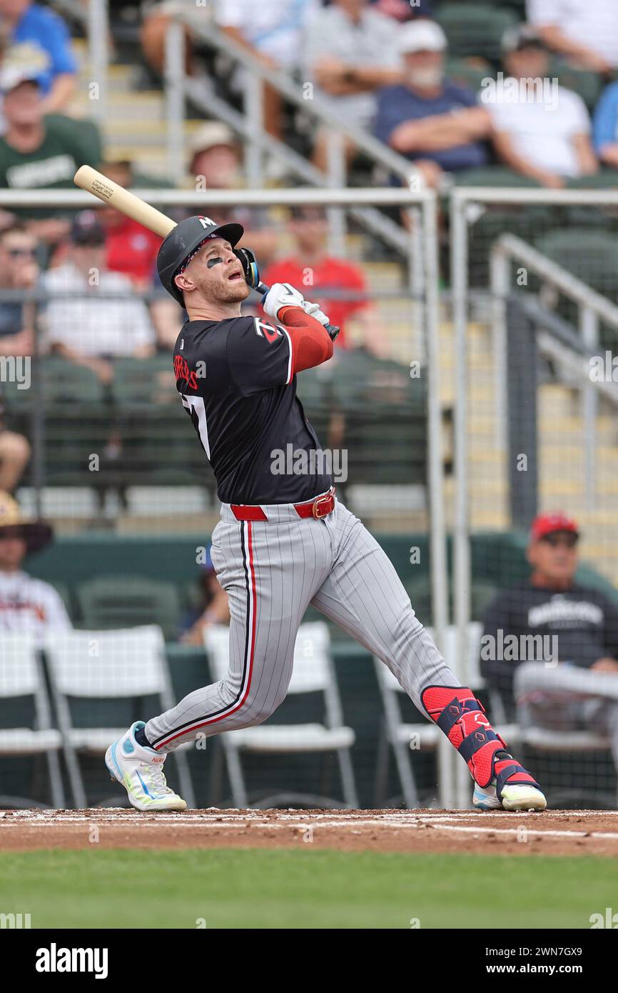 North Port FL USA; Minnesota Twins catcher Ryan Jeffers (27) grounds ...
