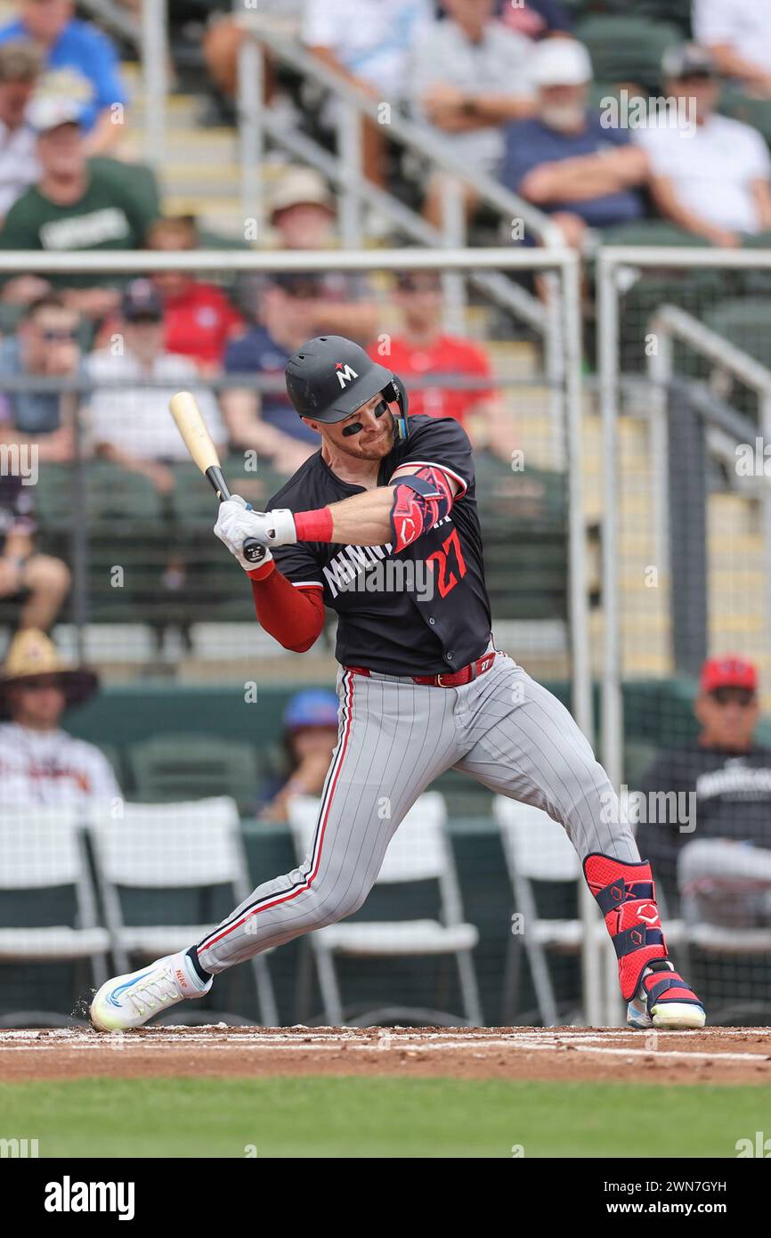 North Port FL USA; Minnesota Twins catcher Ryan Jeffers (27) grounds ...