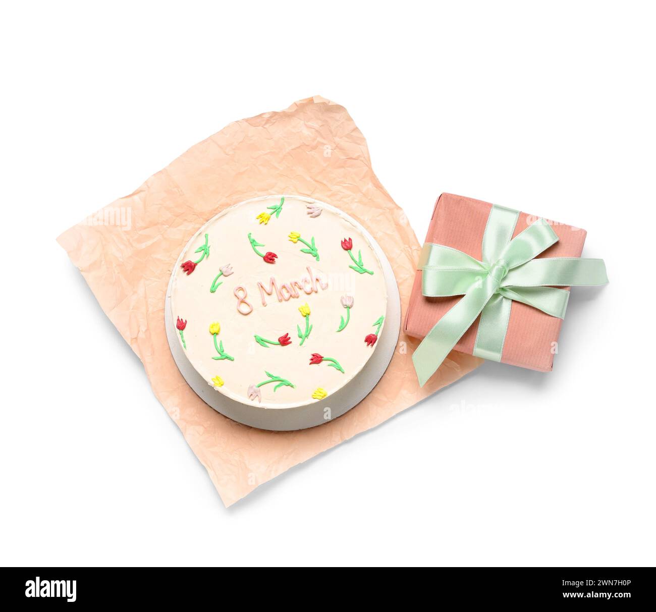 Sweet bento cake and gift box on white background. International Women ...