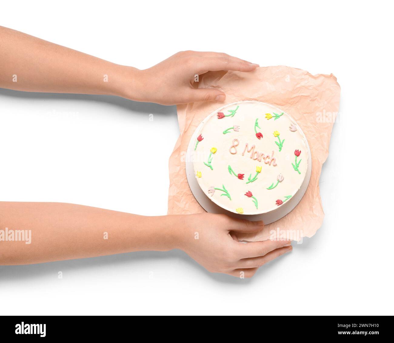 Female hands with sweet bento cake on white background. International ...