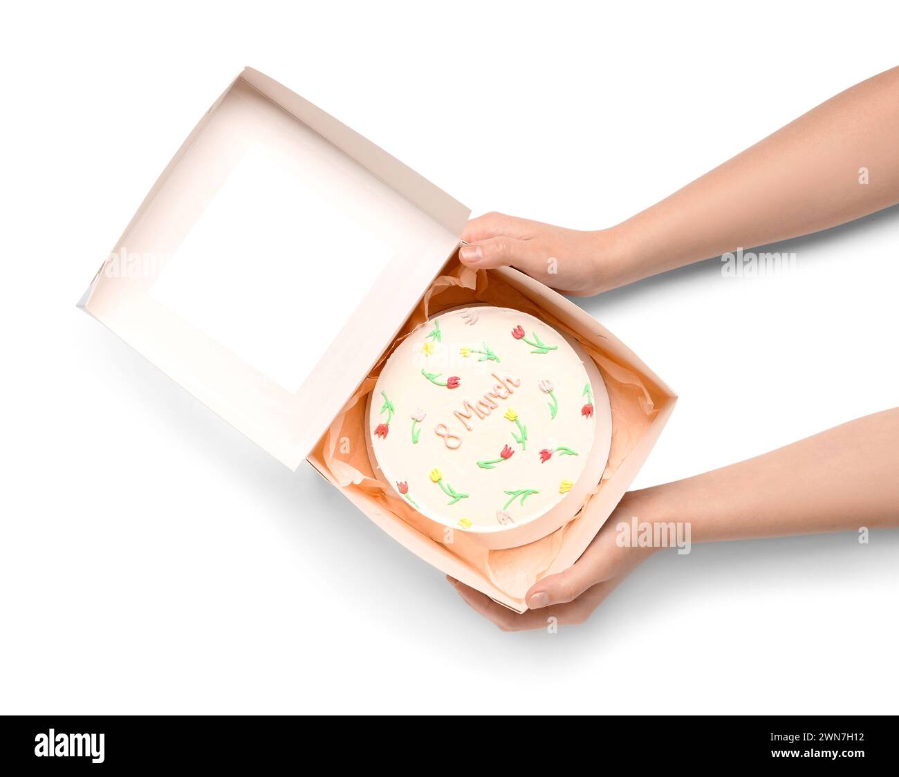 Female hands with sweet bento cake on white background. International ...