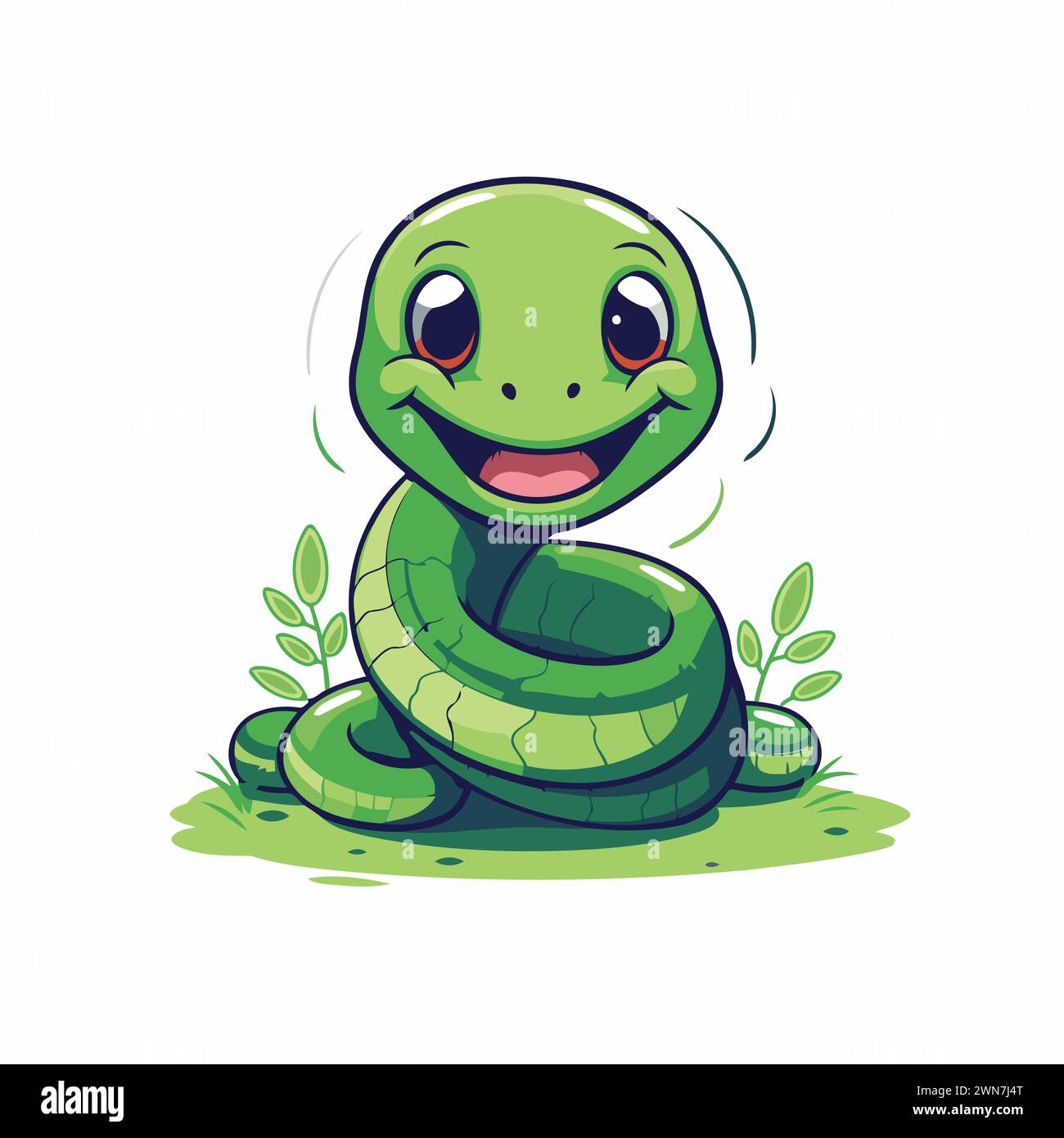 Cute little green snake cartoon character vector Illustration on a ...