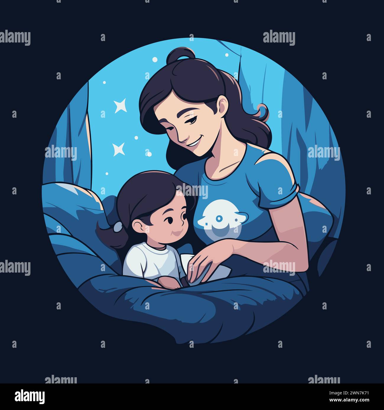 Mother And Her Daughter In Bed Vector Illustration In Cartoon Style