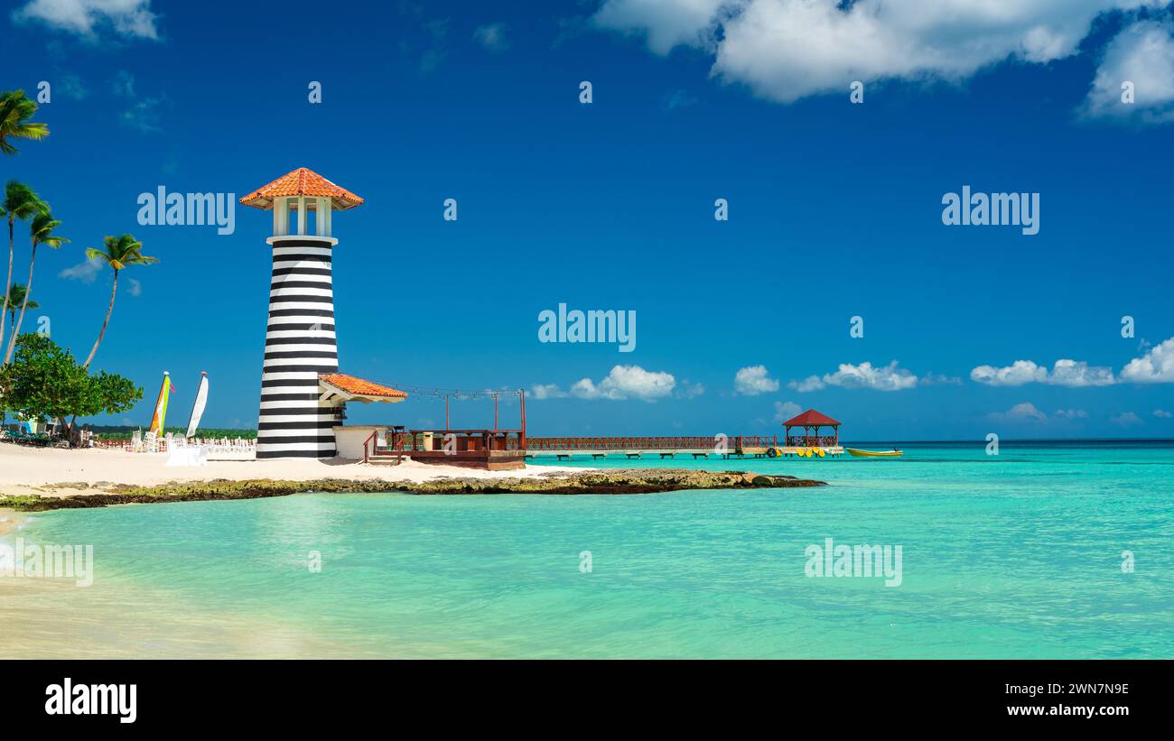 Lighthouse on the beach of the Caribbean, Dominican Republic, Bayahibe ...