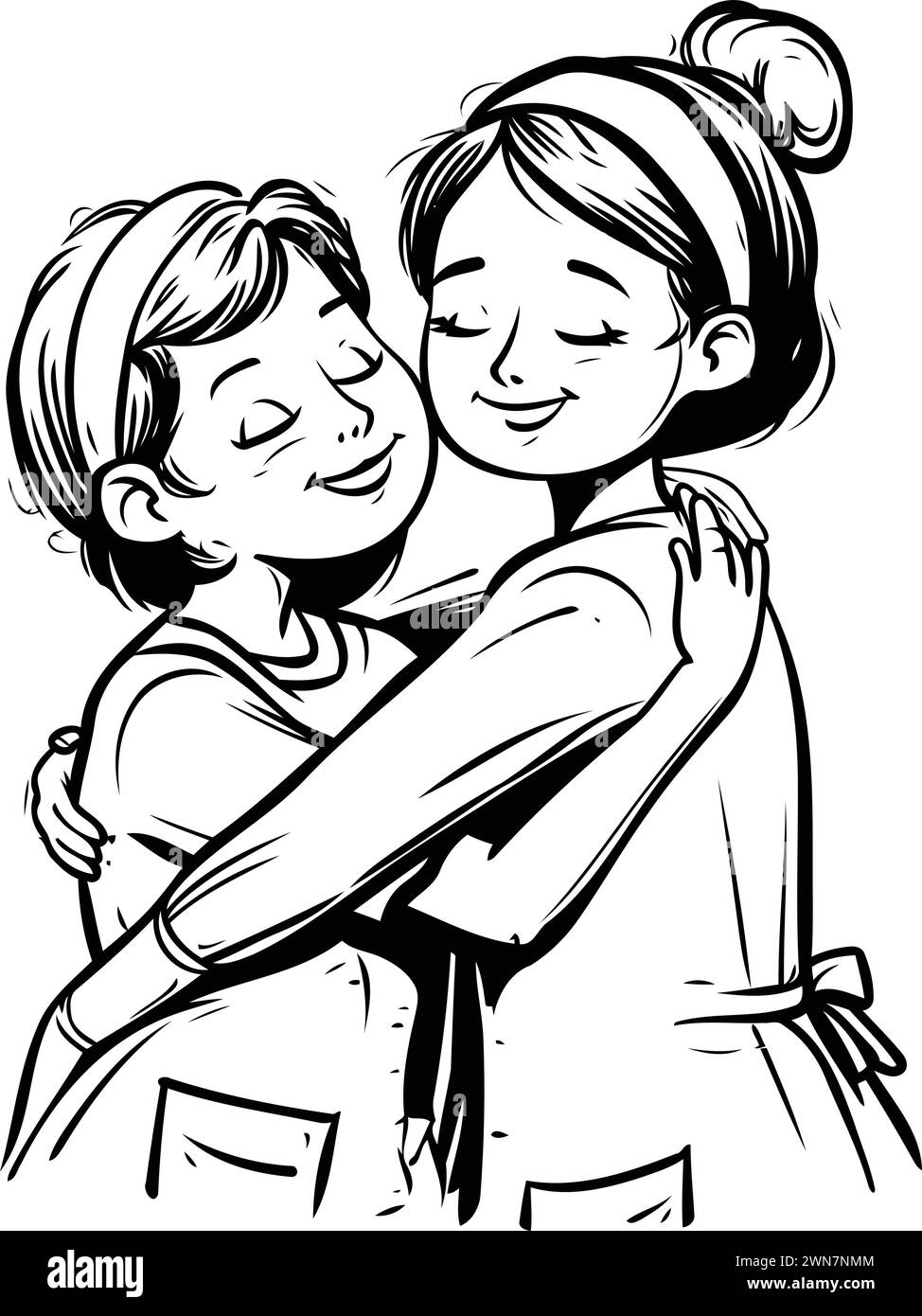 Mother And Daughter Hugging Vector Illustration In Black And White
