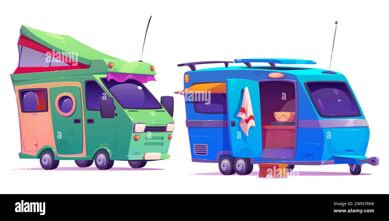 Family camper van with tent for travel concept. Cartoon vector ...