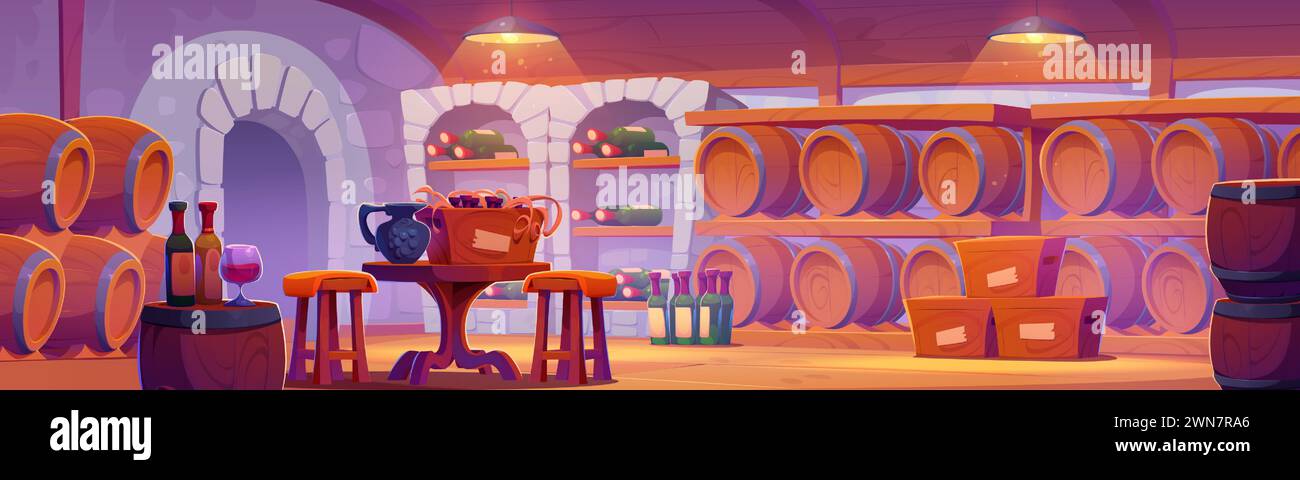 Wine cellar interior for grape drink storage and tasting. Cartoon ...