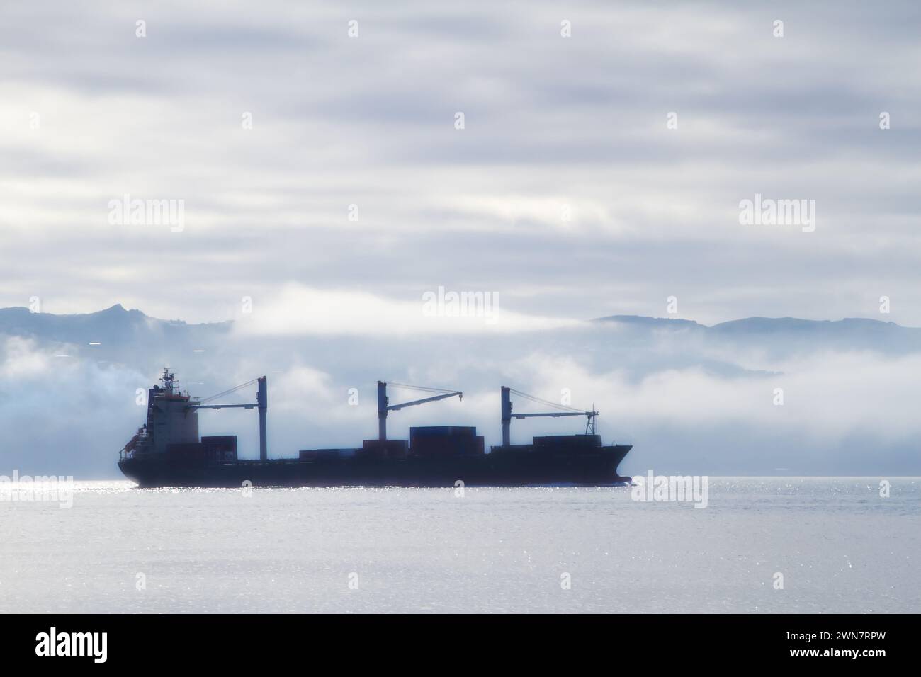 Ship, sailing and travel at sea with cargo for transportation ...