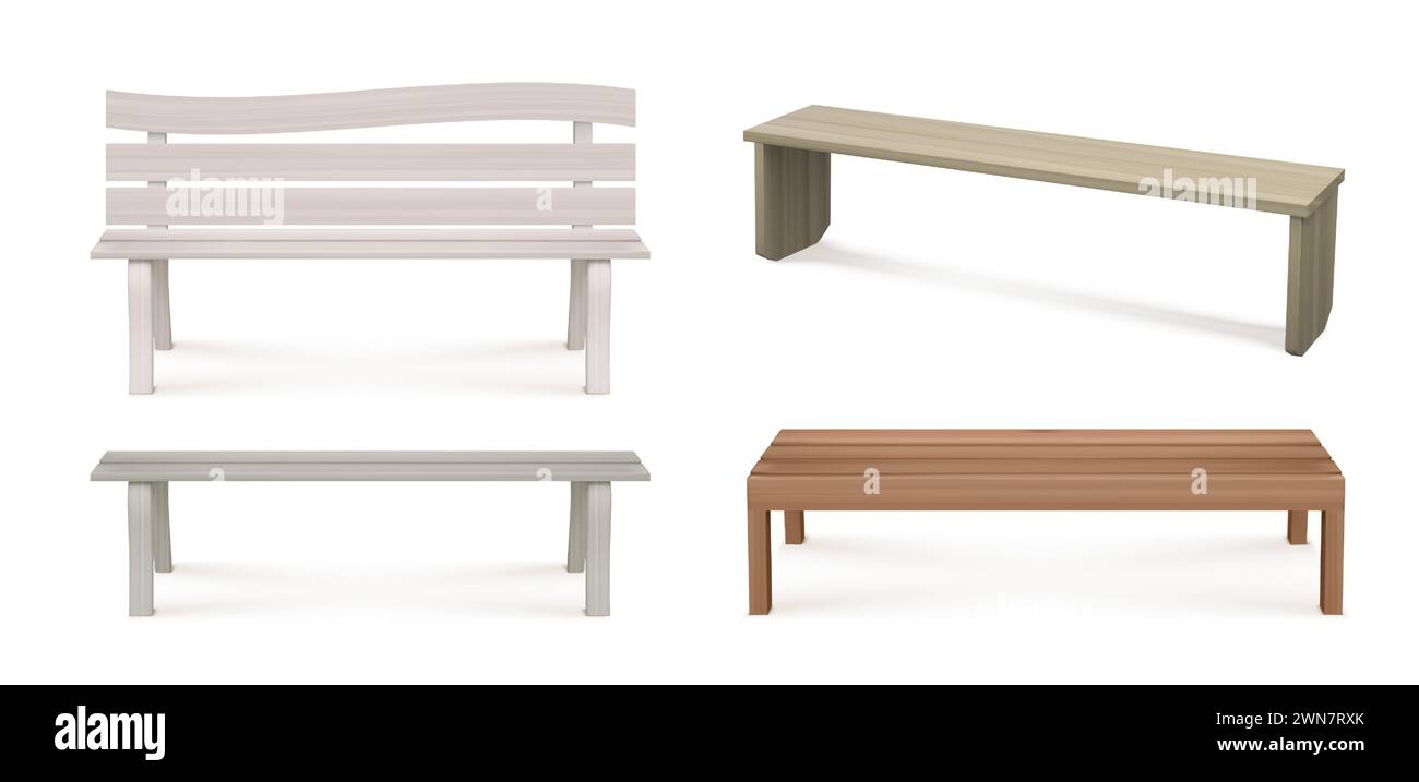 3D set of wooden benches isolated on white background. Vector cartoon ...