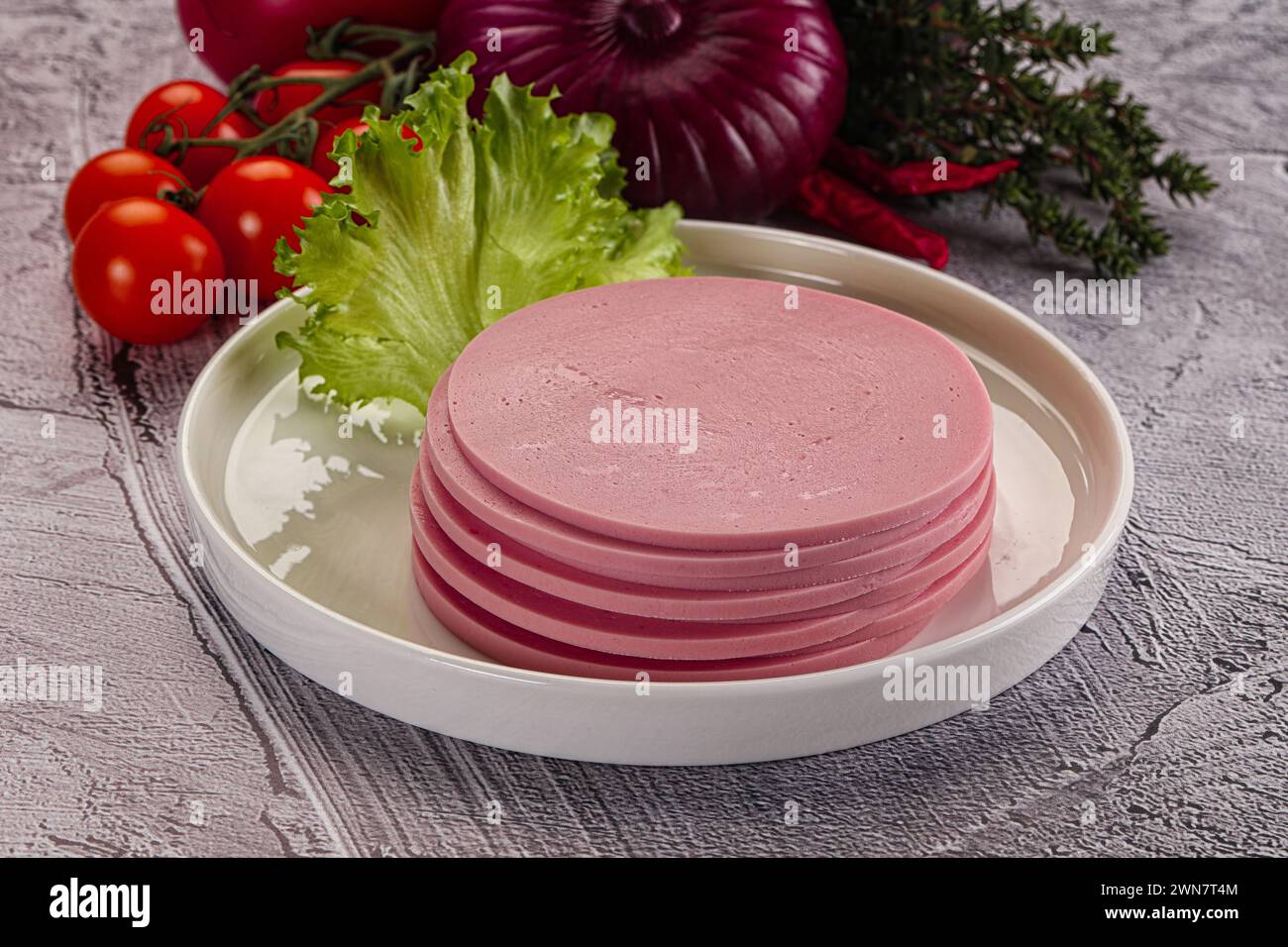 Boiled pork sliced sausage stack for breakfast Stock Photo - Alamy