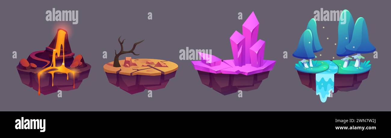 Floating land islands for game level map ui design. Cartoon vector ...