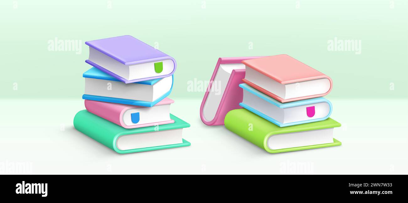 Paper books in stack. Realistic 3d vector illustration set of piles of ...