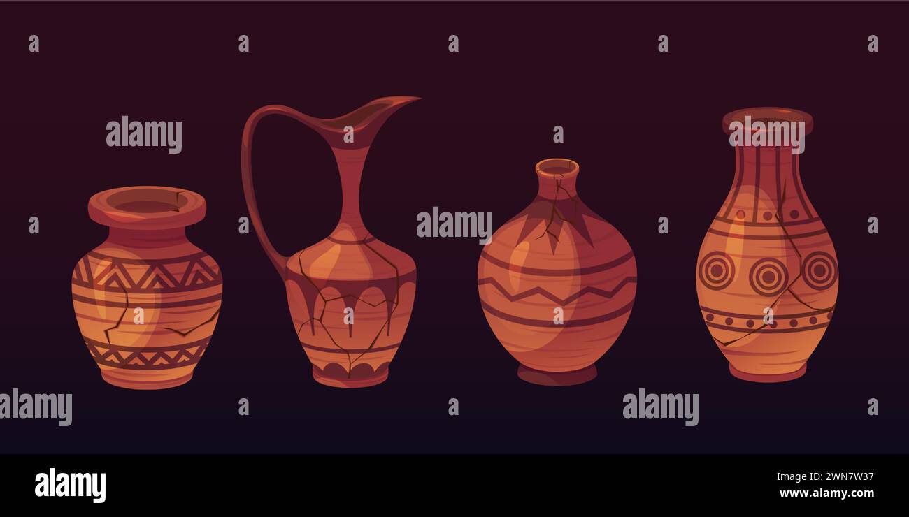 Ancient vases set isolated on black background. Vector cartoon ...