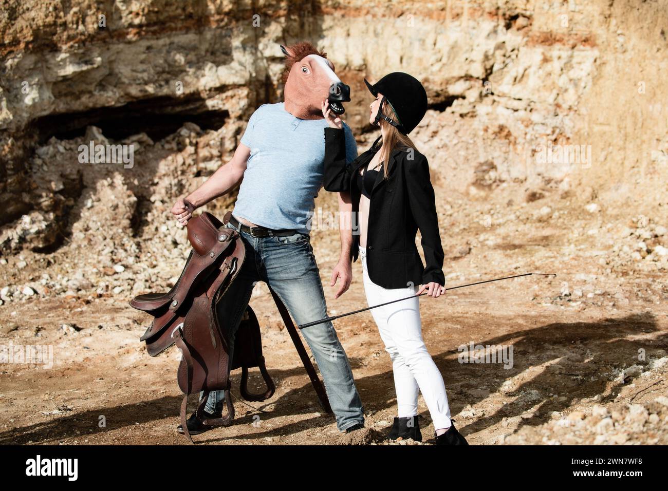 Crazy strange people with horse mask. Freaky young horsewoman women and ...