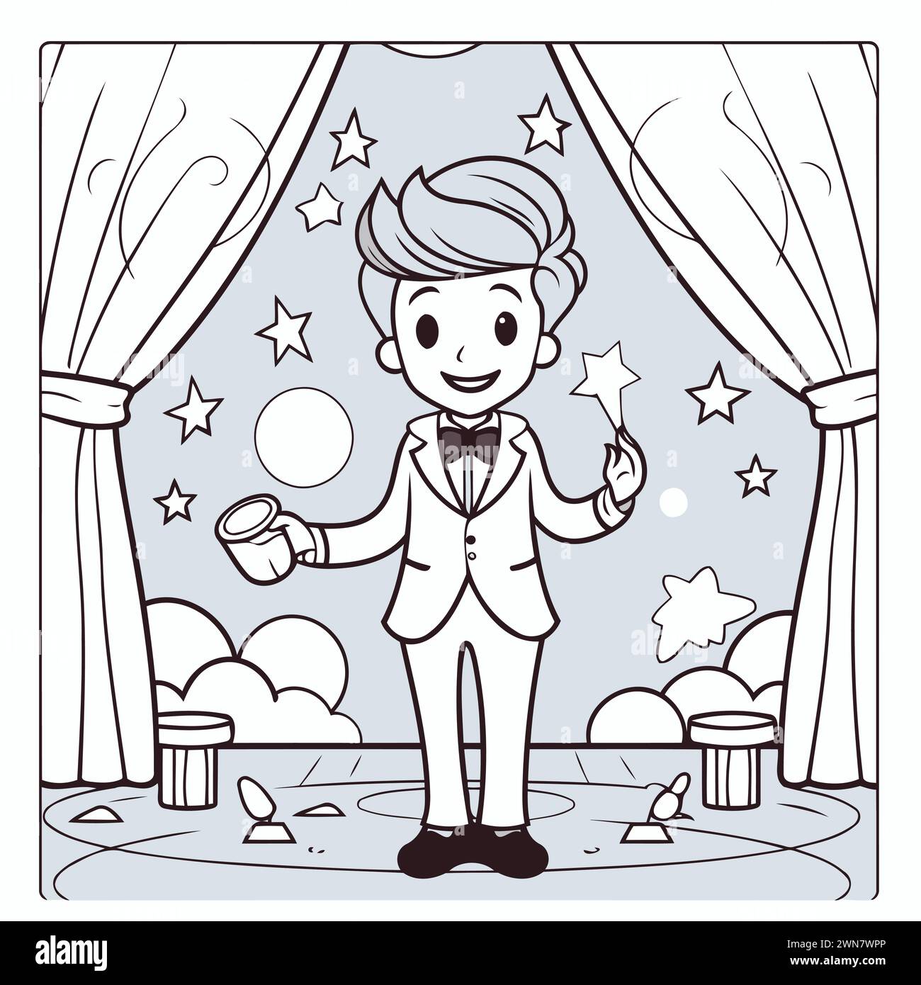 Vector illustration of a circus performer on stage with curtain and ...