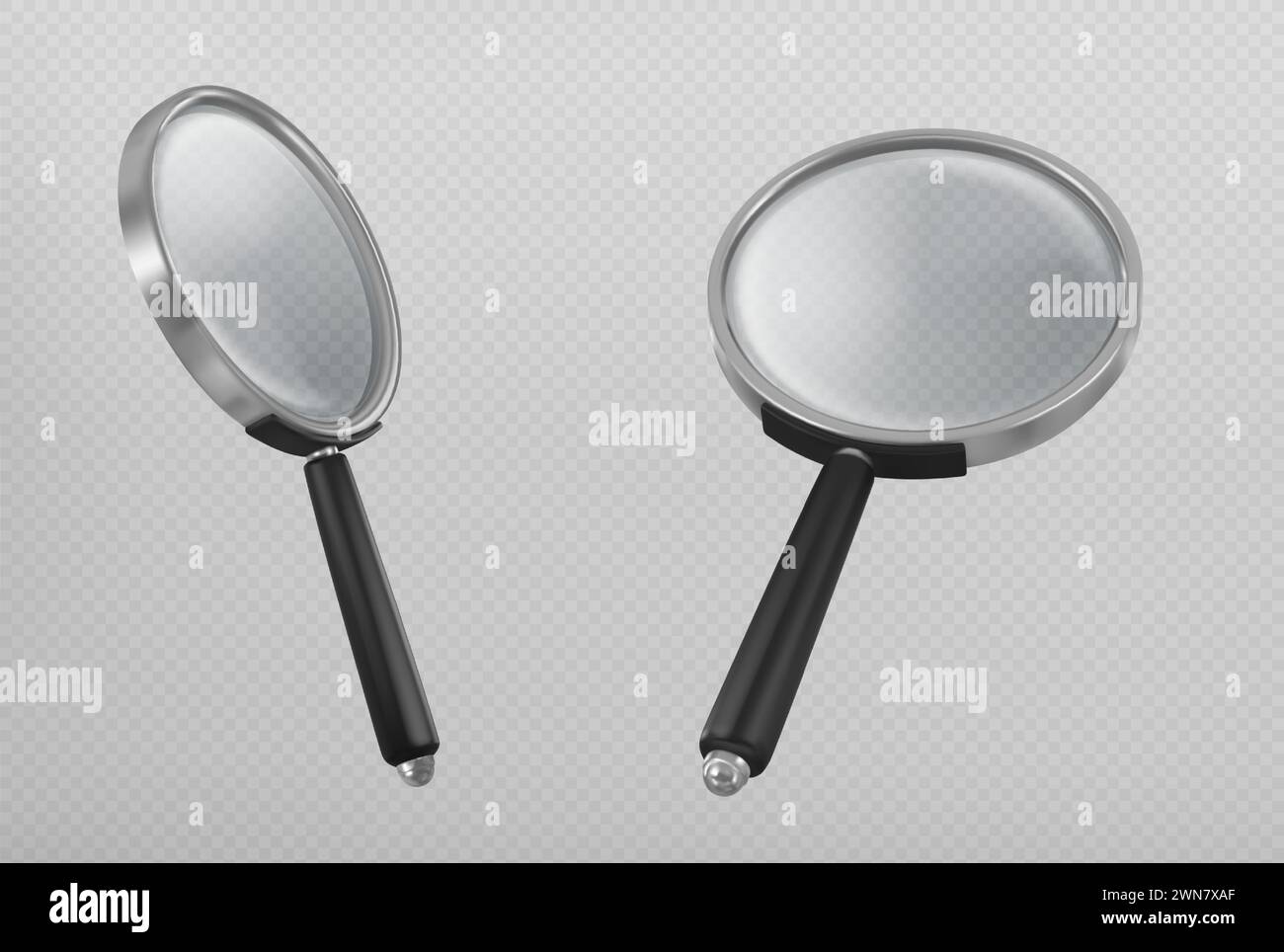 Magnify glass in different view angles. Realistic vector set of metal ...