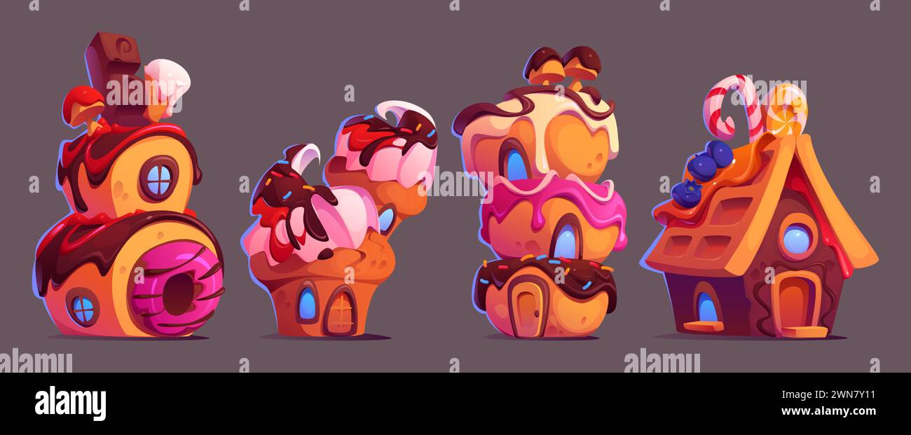 Sweet candy land houses made of cake and cookie, chocolate and lollipop ...