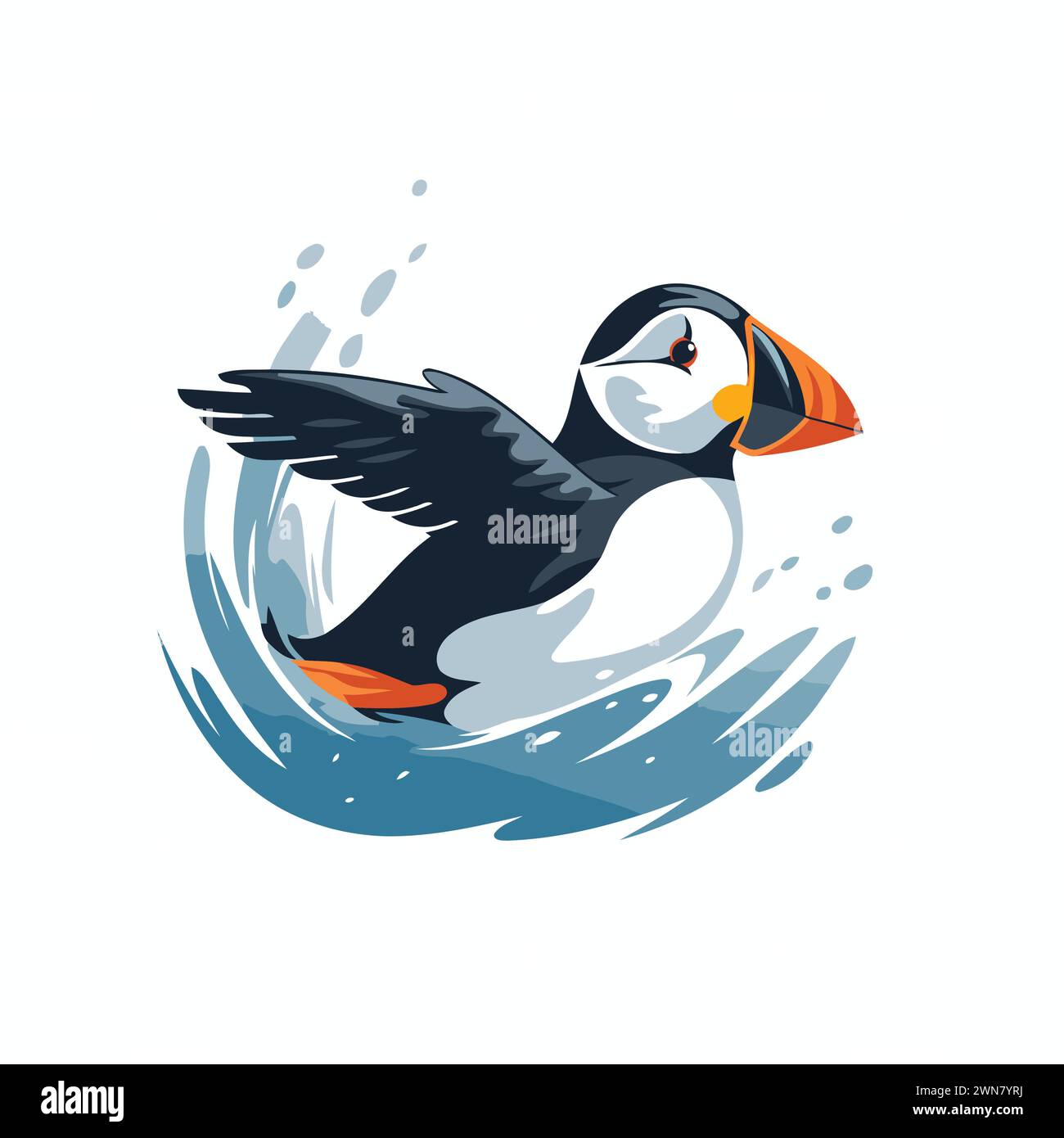 Puffin flying on the waves. Vector illustration isolated on white ...