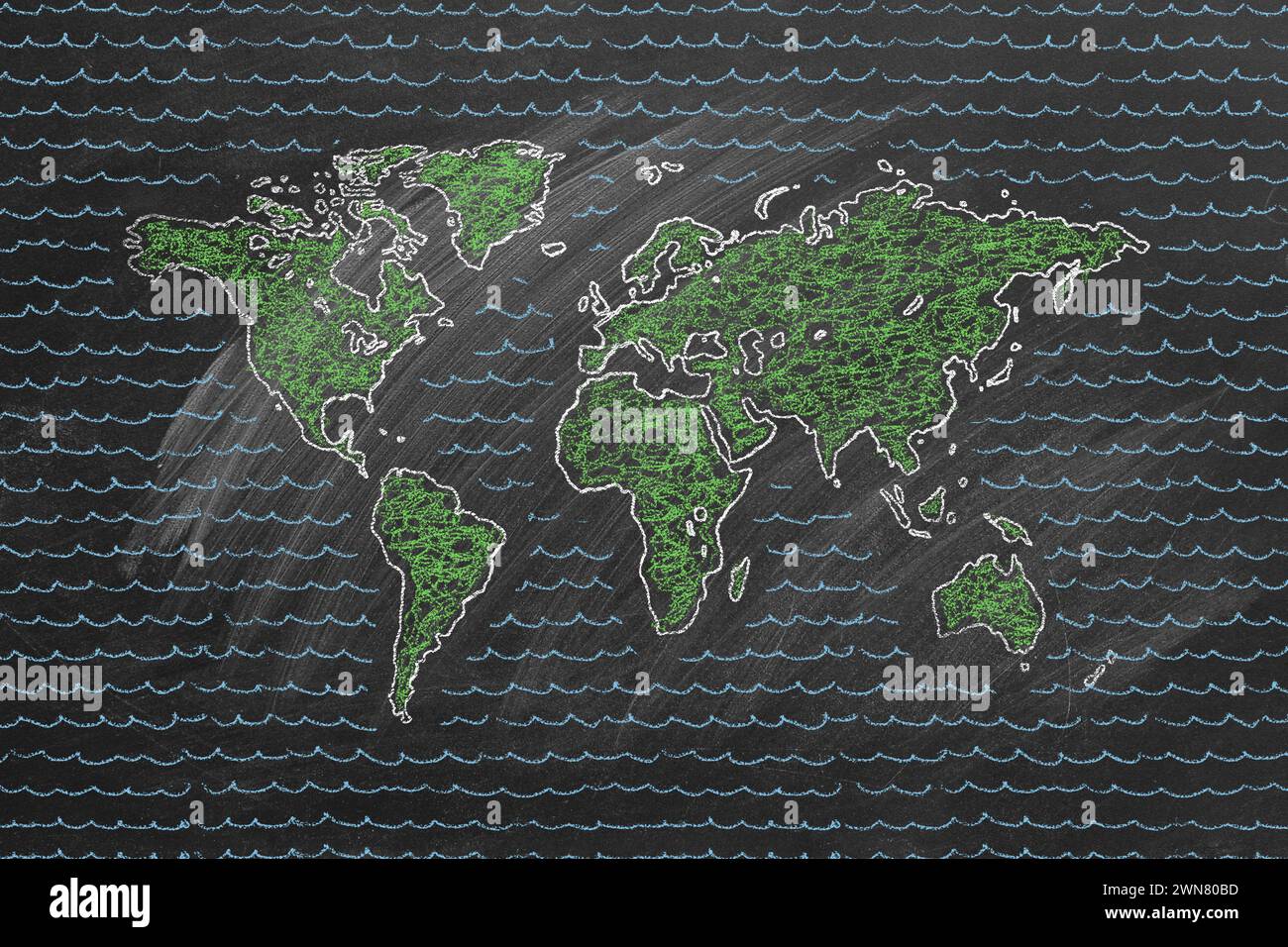 World map hand drawn in chalk. Sketch on a blackboard Stock Photo - Alamy