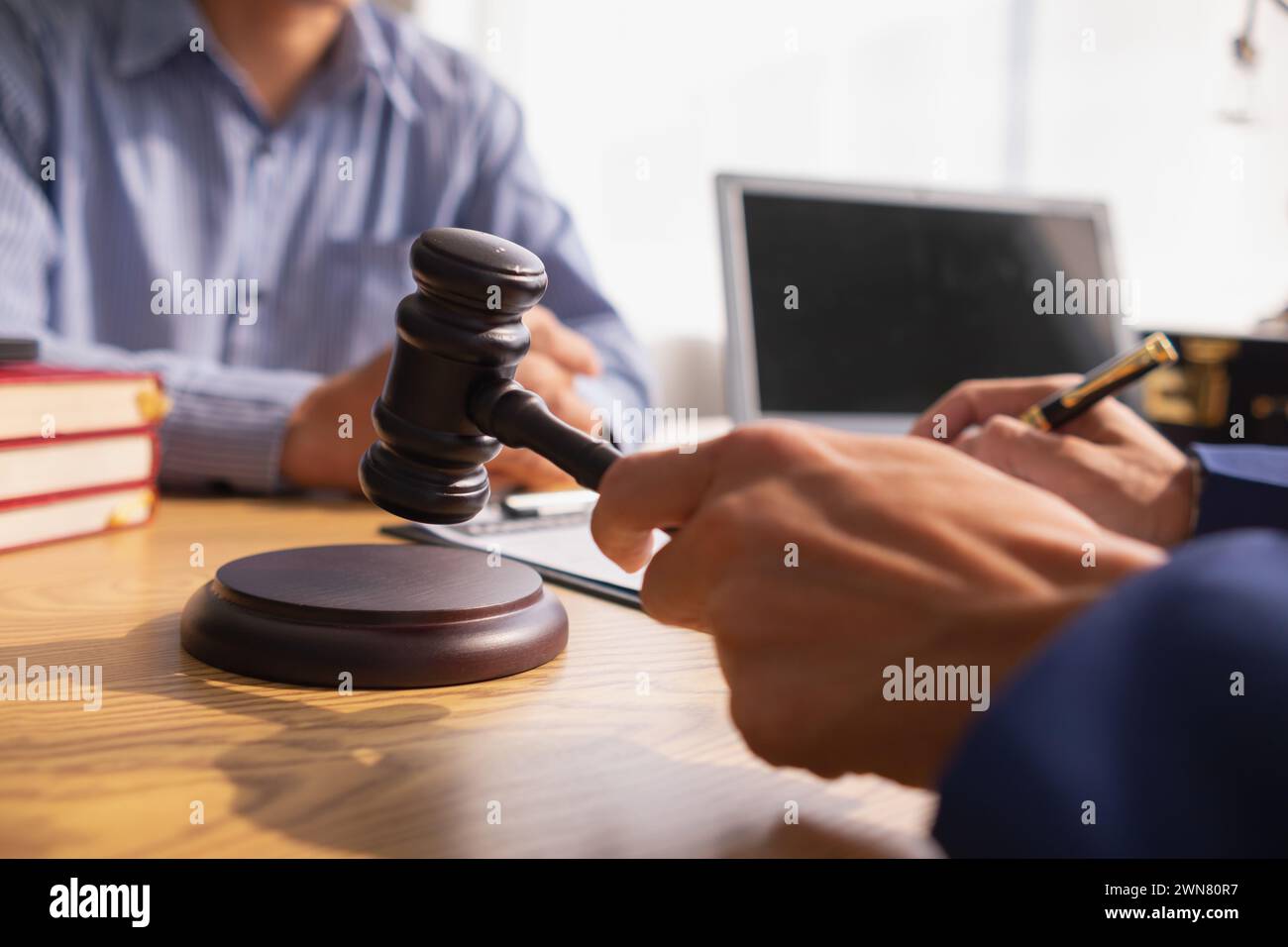 A judge gavel is prepared in the courtroom to be used to give a signal ...