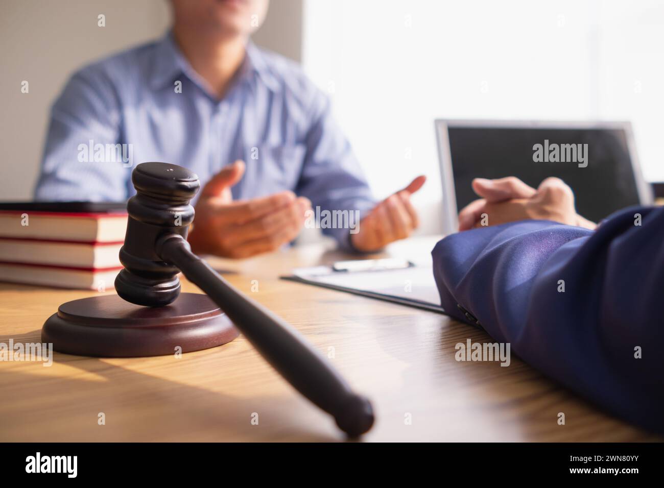 A judge gavel is prepared in the courtroom to be used to give a signal ...