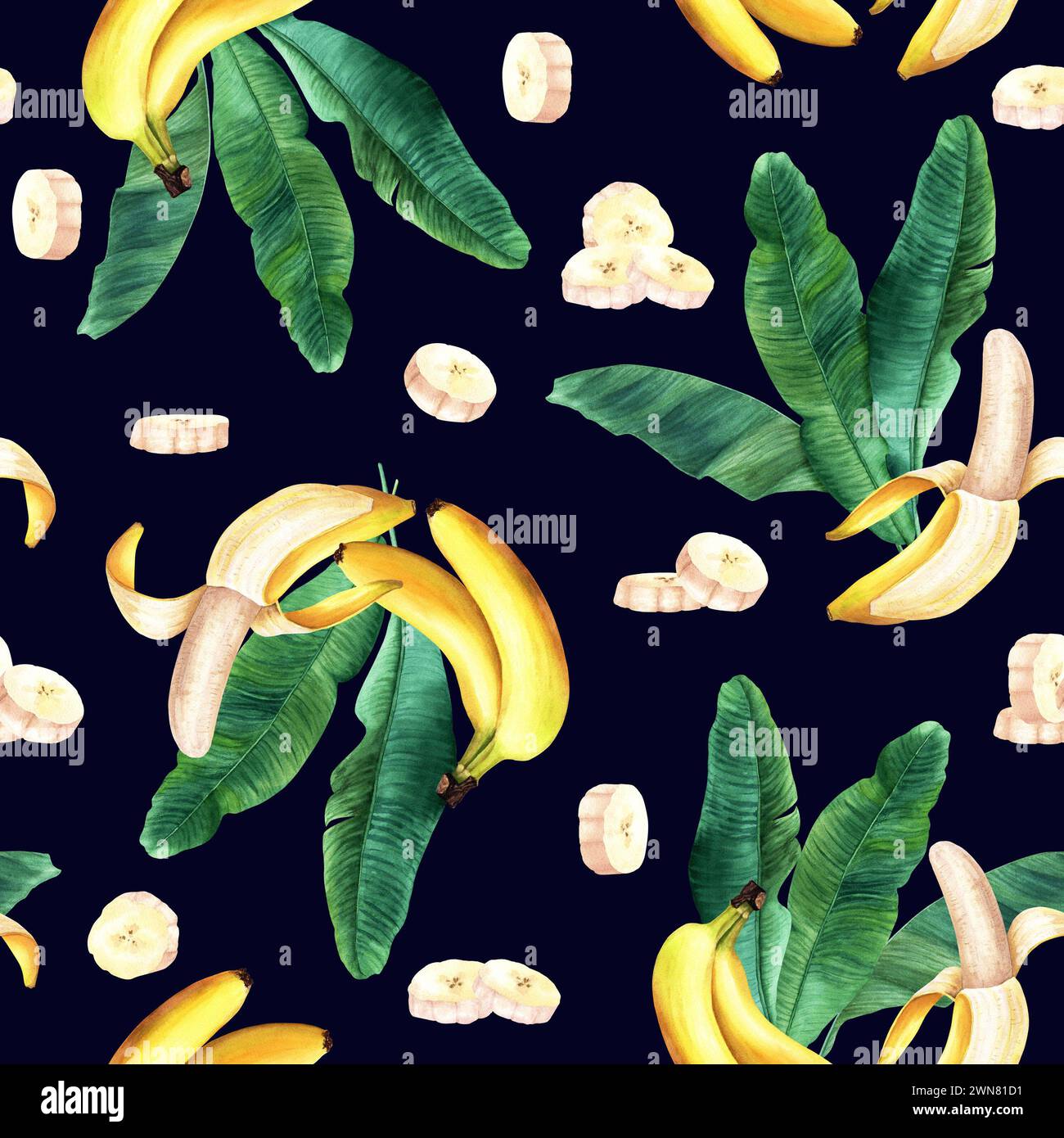 Watercolor seamless pattern with banana tree leaves and peeled sliced ...