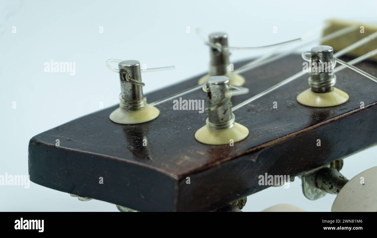 Ukulele head with 4 tuners and strings Stock Photo - Alamy