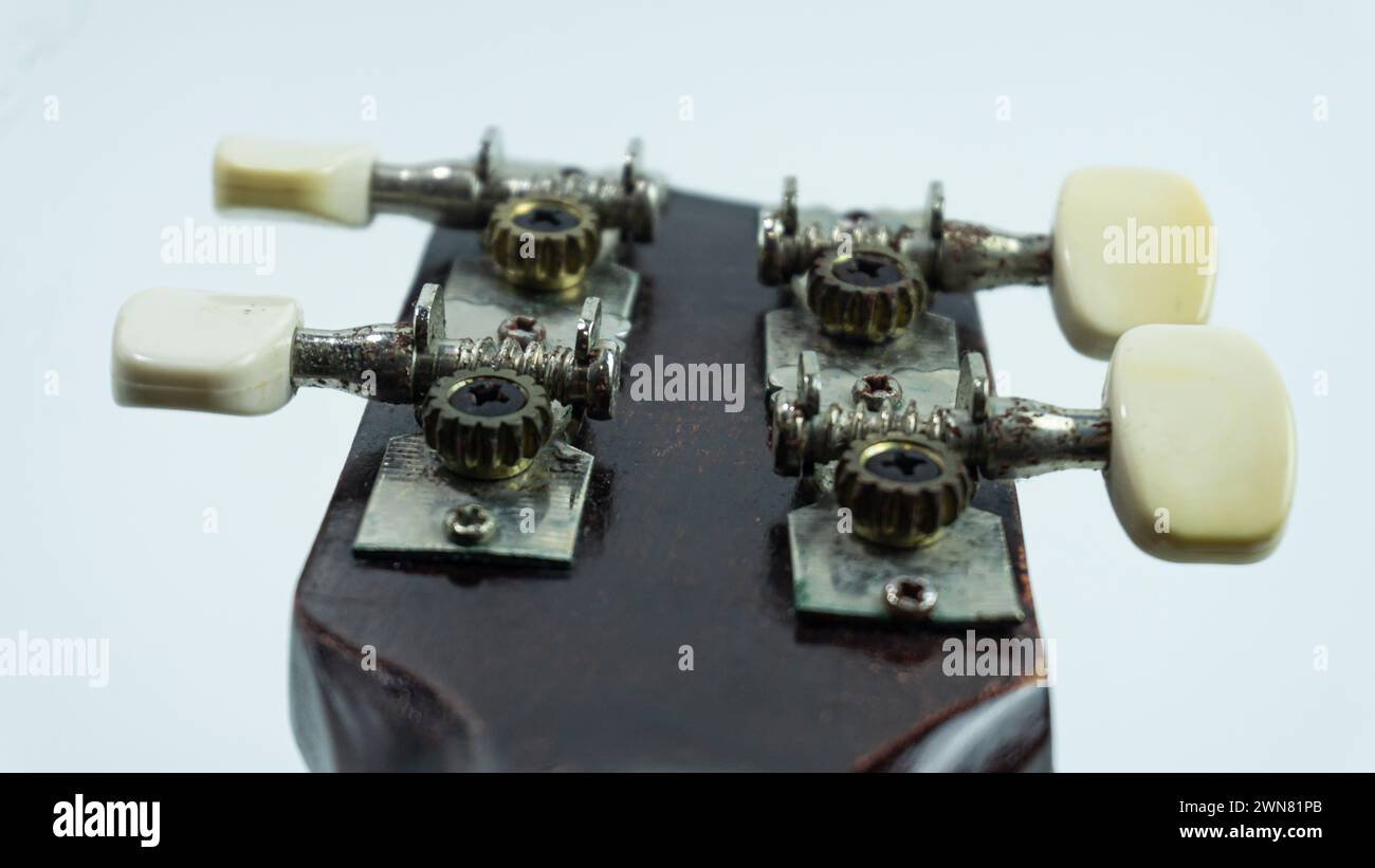 Ukulele head with 4 tuners and strings Stock Photo - Alamy