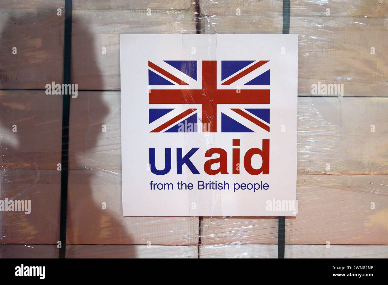 File photo dated 14/8/14 of a UK aid label attached to boxes. A famine ...