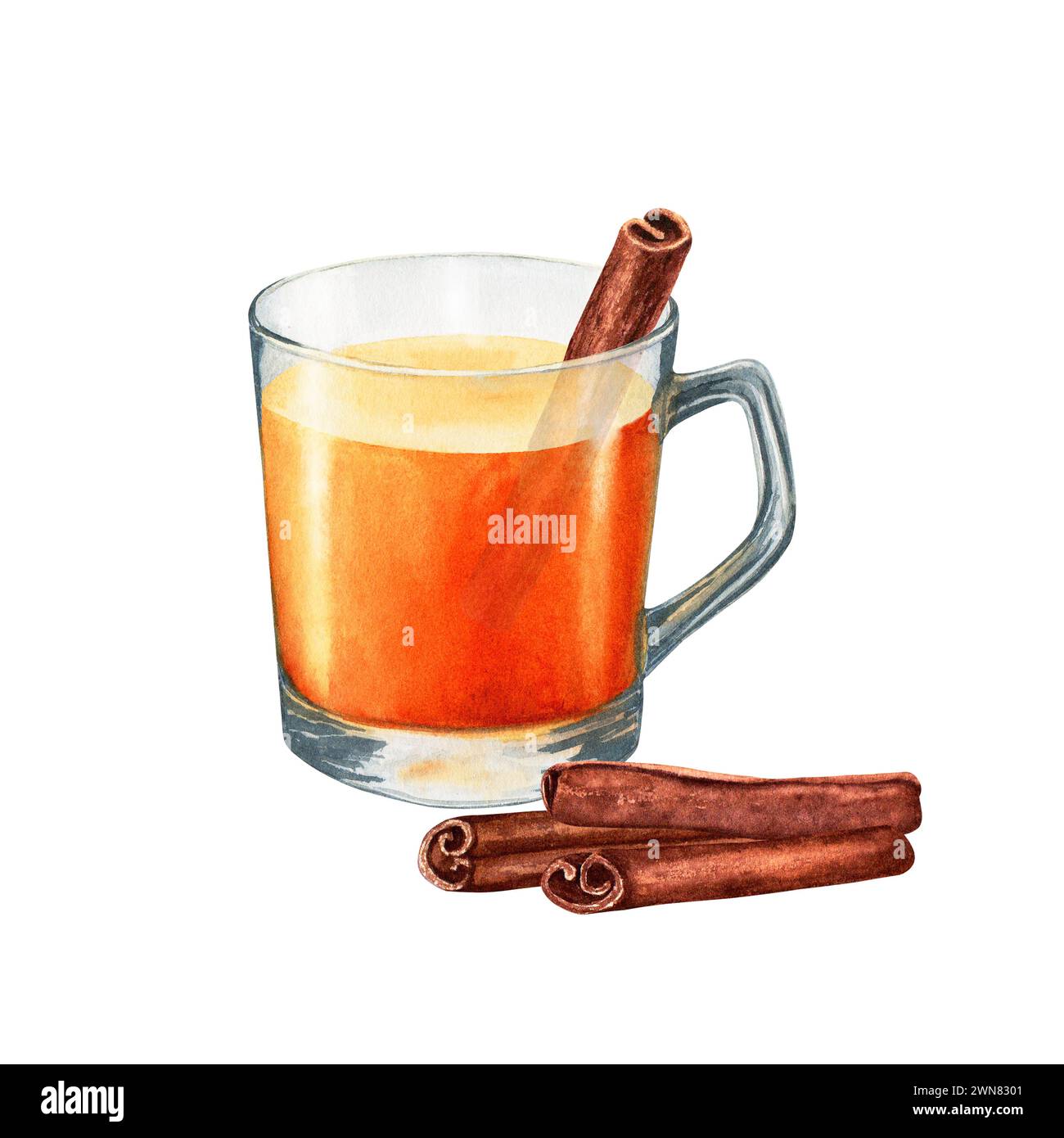 A cup of tee with rolled strip of cinnamon composition. Hand drawn ...