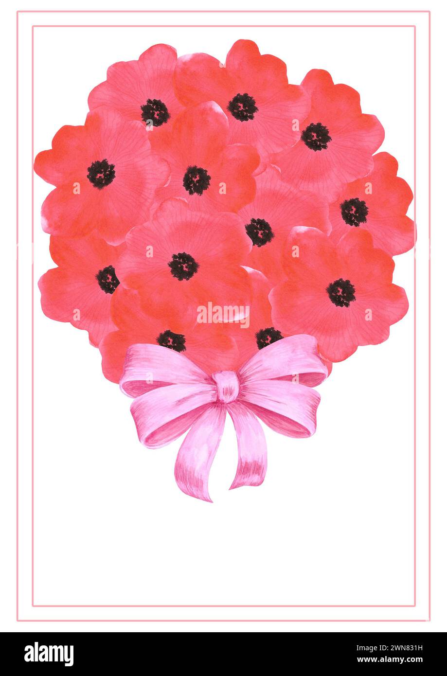 Hand drawn watercolor red poppy flowers bouquet post card isolated on ...
