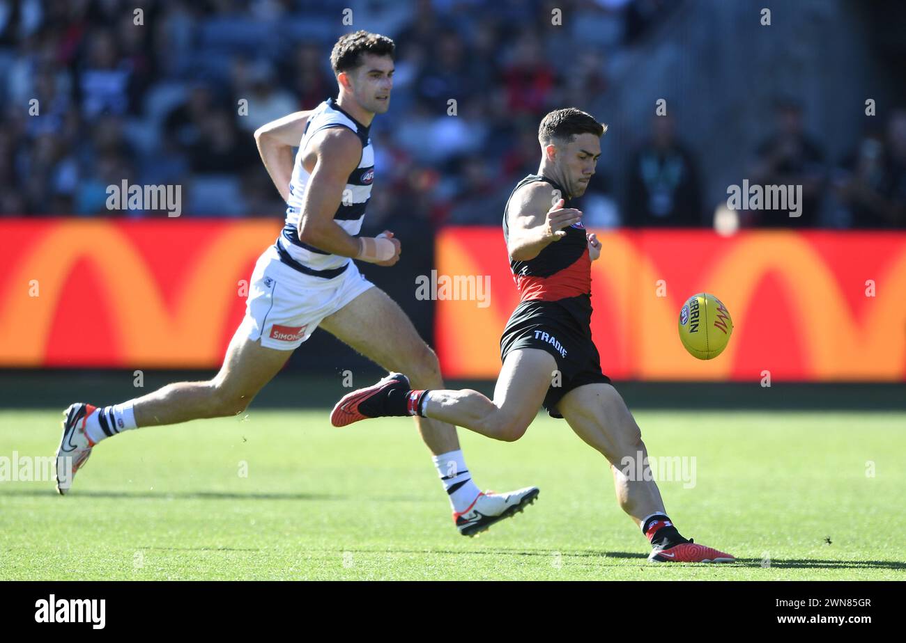 Geelong, Australia. 01st Mar, 2024. Jade Gresham of the Bombers (right ...