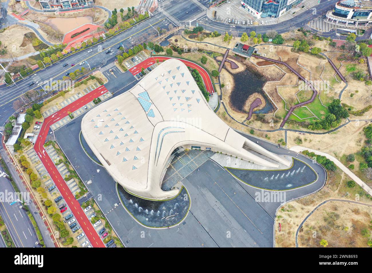 Aerial photo shows the exterior of New Zhuzhou Museum in Zhuzhou City ...