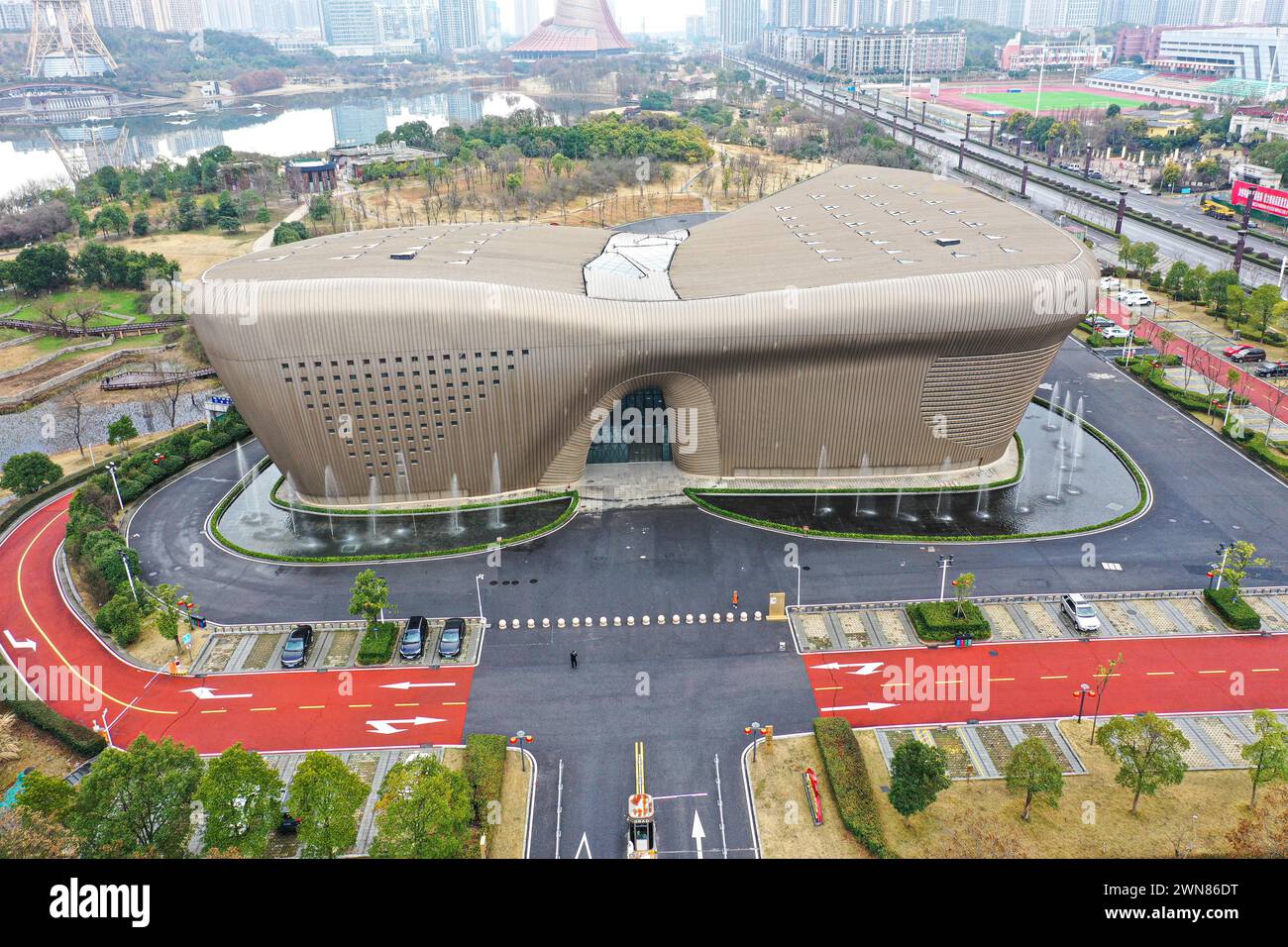 Aerial photo shows the exterior of New Zhuzhou Museum in Zhuzhou City ...