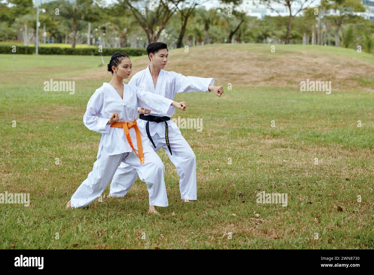 Girl repeating after teacher when practicing taekwondo stance Stock ...
