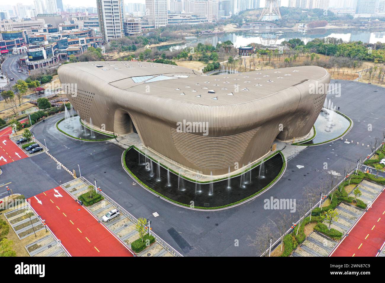 Aerial photo shows the exterior of New Zhuzhou Museum in Zhuzhou City ...