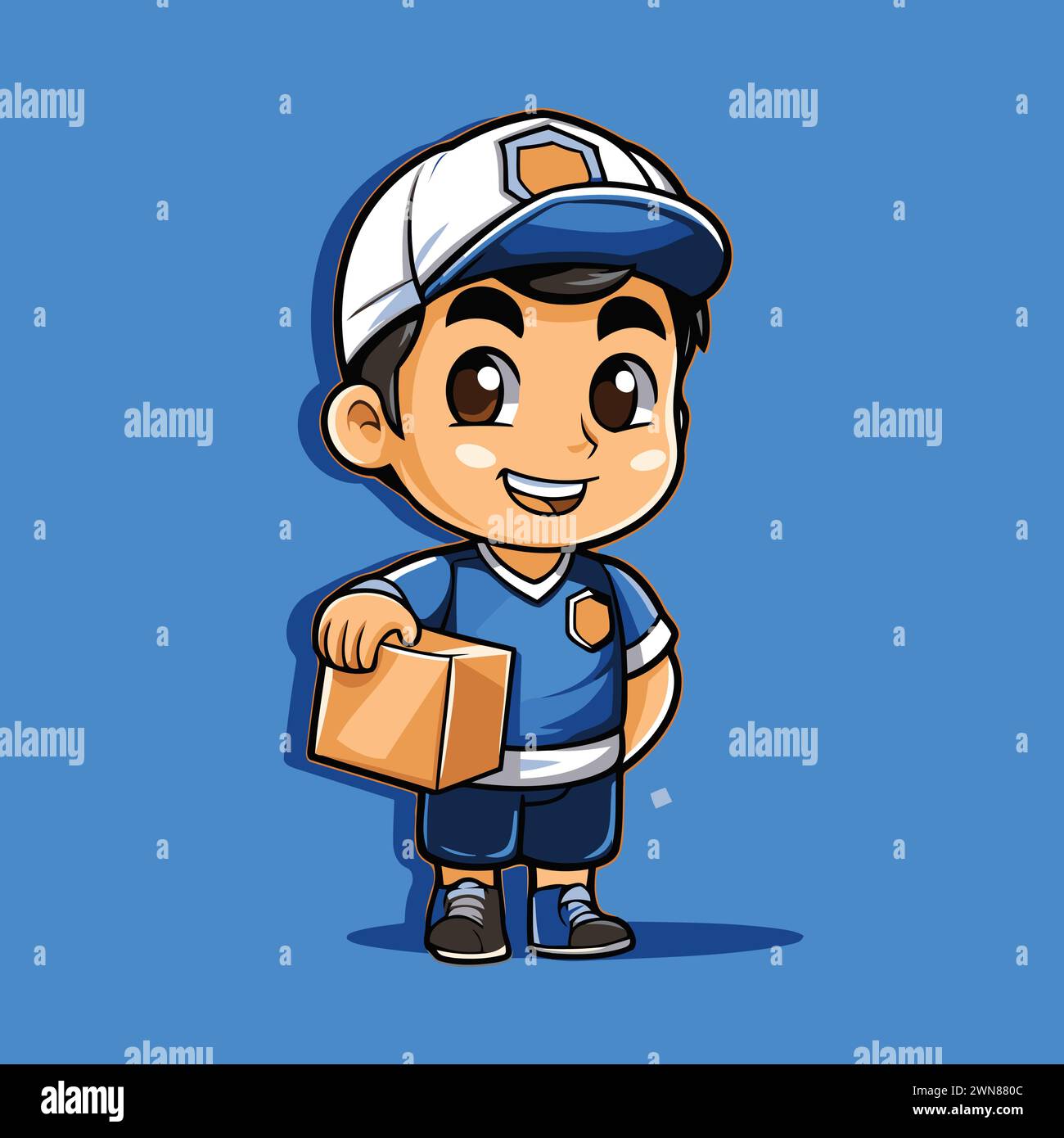 Cartoon delivery boy with box on blue background. Vector illustration ...