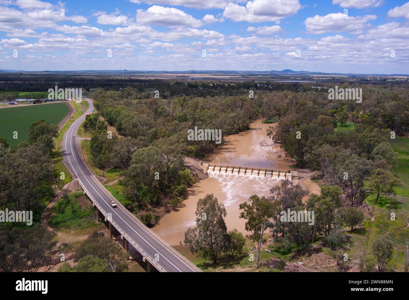 Aerial of the weir on the Dawson River at Theodore in the Dawson ...