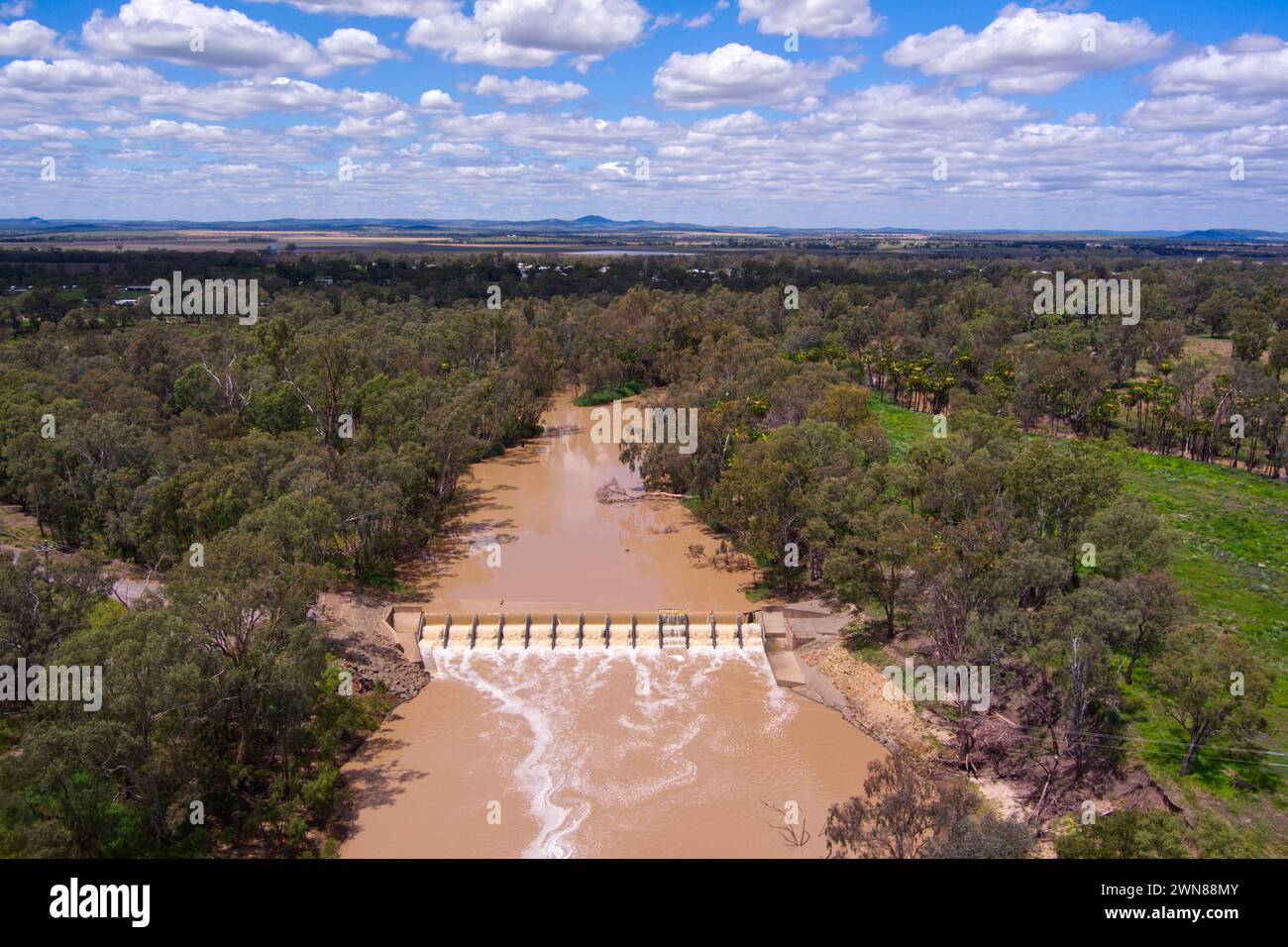 Aerial of the weir on the Dawson River at Theodore in the Dawson ...