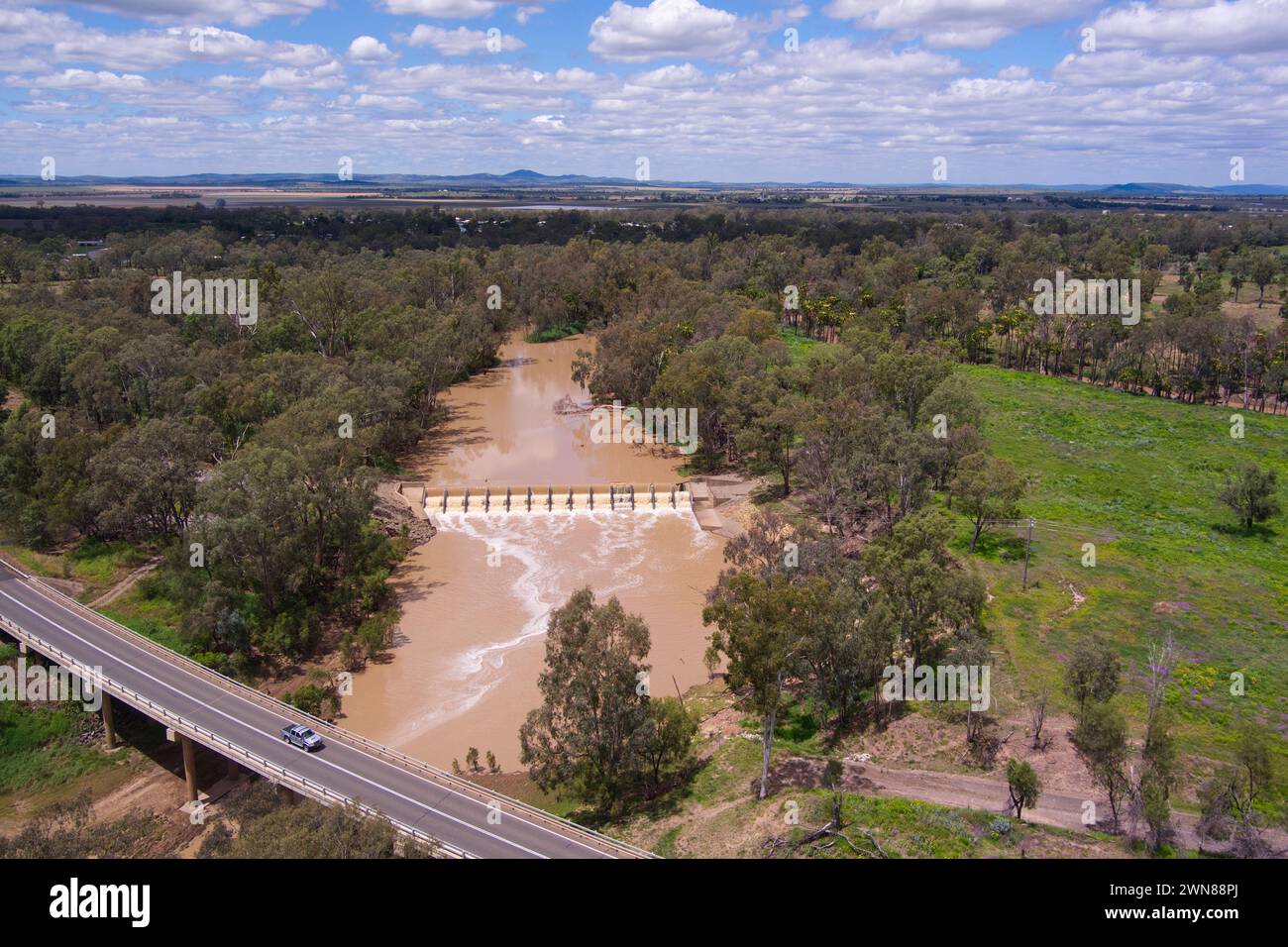 Aerial of the weir on the Dawson River at Theodore in the Dawson Callide Valley Queensland ...