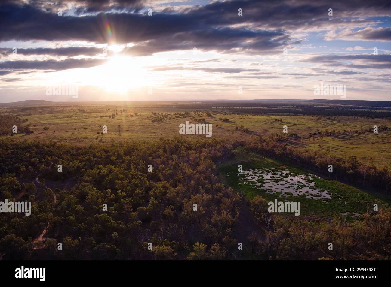 Aerial sunset of Chain Lagoons situated on Palm Tree Creek near Taroom ...