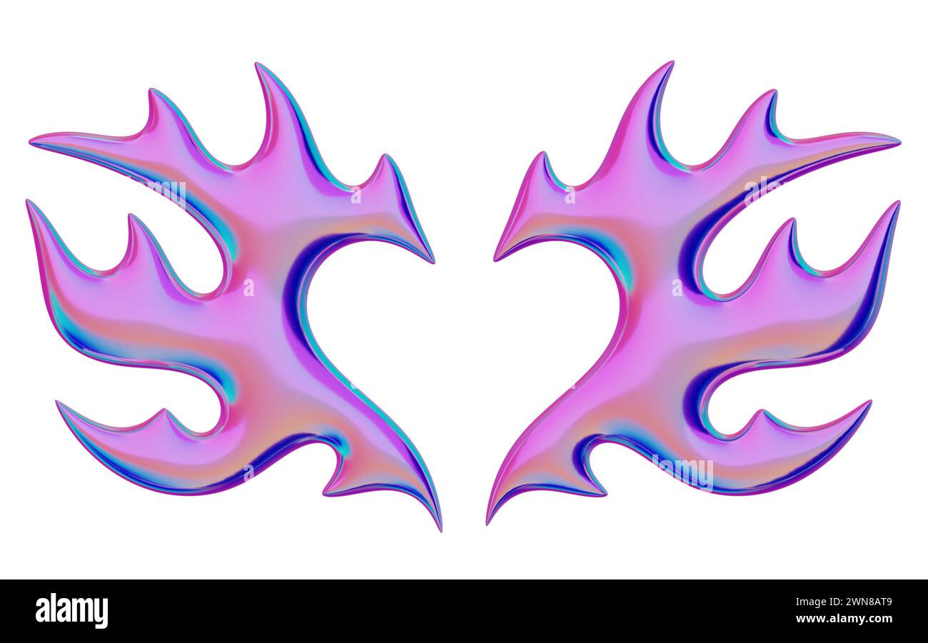 3D flame in the shape of wings and a heart. Trendy Y2K element ...