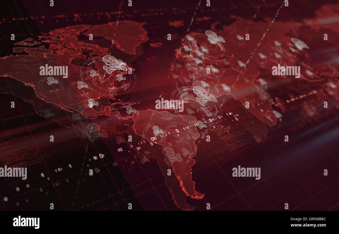Cyberattack piracy and security breach with skull symbols over world ...