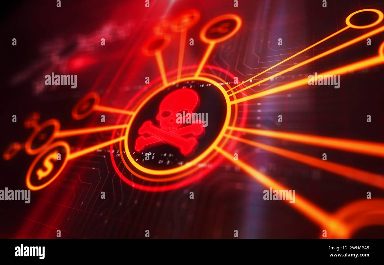 Cyberattack piracy and security breach with skull symbol digital concept. Network, cyber ...