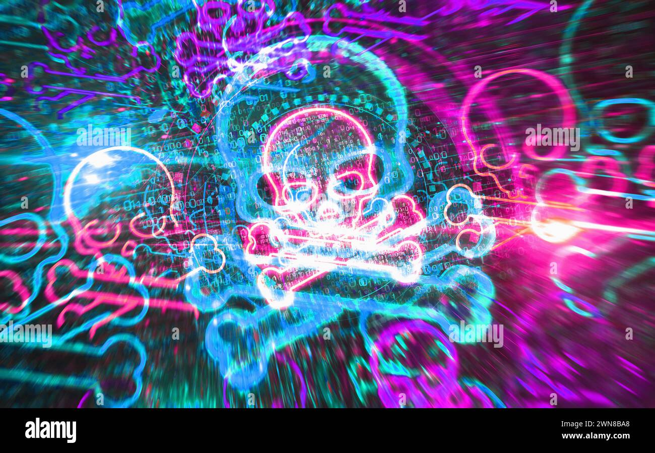 Cyberattack piracy and security breach with skull symbol digital ...